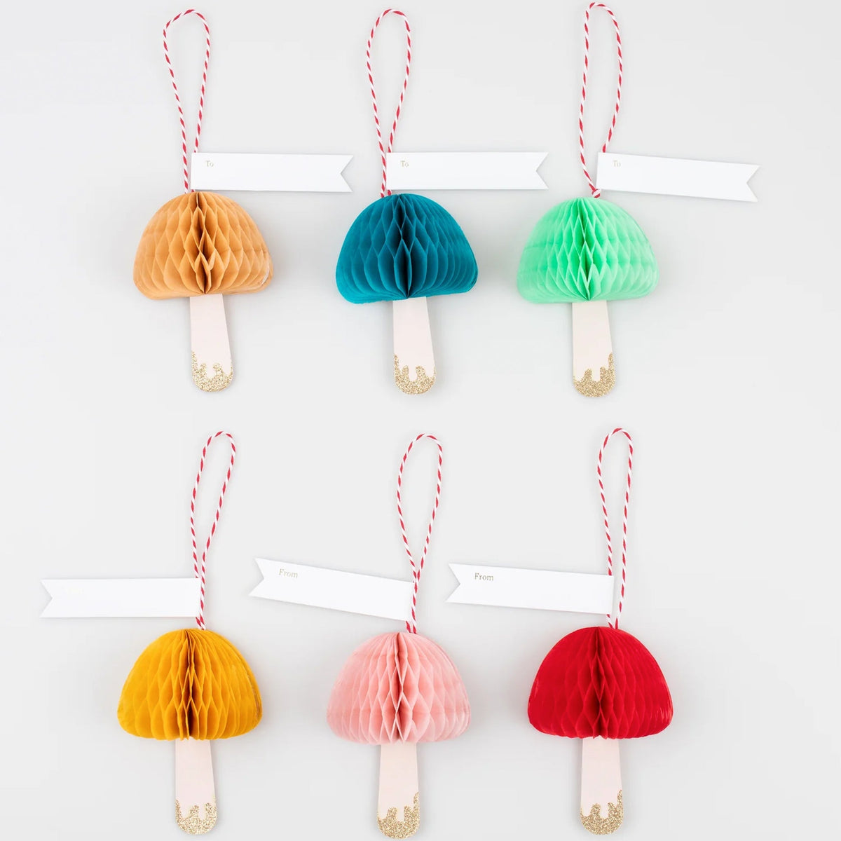 Meri Meri Decorations - Small Honeycomb Mushrooms with Gift Tags | Tea Pea