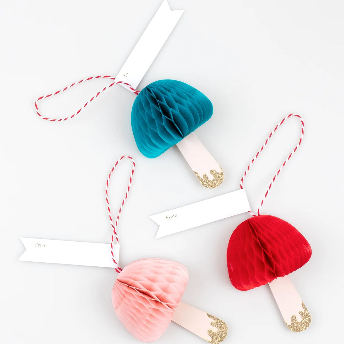 Meri Meri Decorations - Small Honeycomb Mushrooms with Gift Tags | Tea Pea
