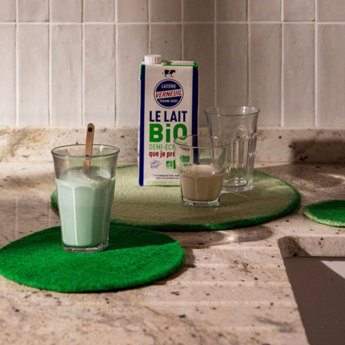 Muskhane Felt Plain Round Coaster - Green | Tea Pea